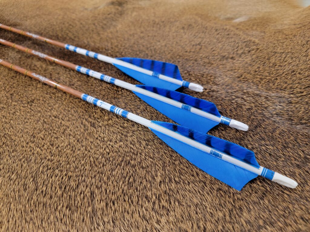Traditional 34 White with Blue Crests Ranger Wood Grain Carbon Arrows ...